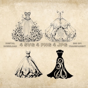 Wedding Dress SVG Bundle, PNG, Wedding Gown Clipart, Hand Drawn Dresses ...