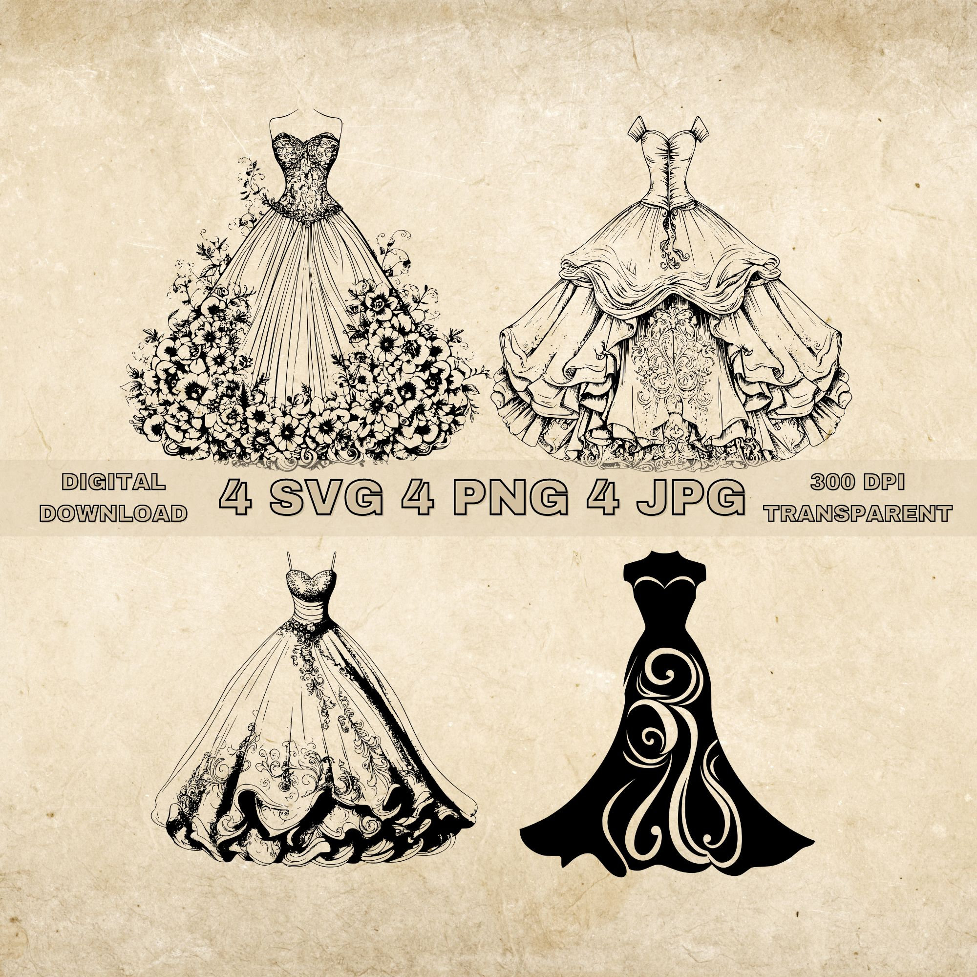 Wedding Dress SVG Bundle, PNG, Wedding Gown Clipart, Hand Drawn Dresses ...
