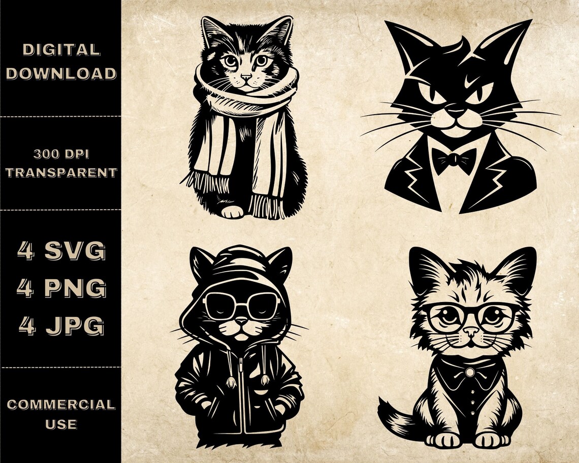 Funny Cat SVG Bundle, PNG, Cute Cats Clipart, Hand Drawn Humor Cat ...