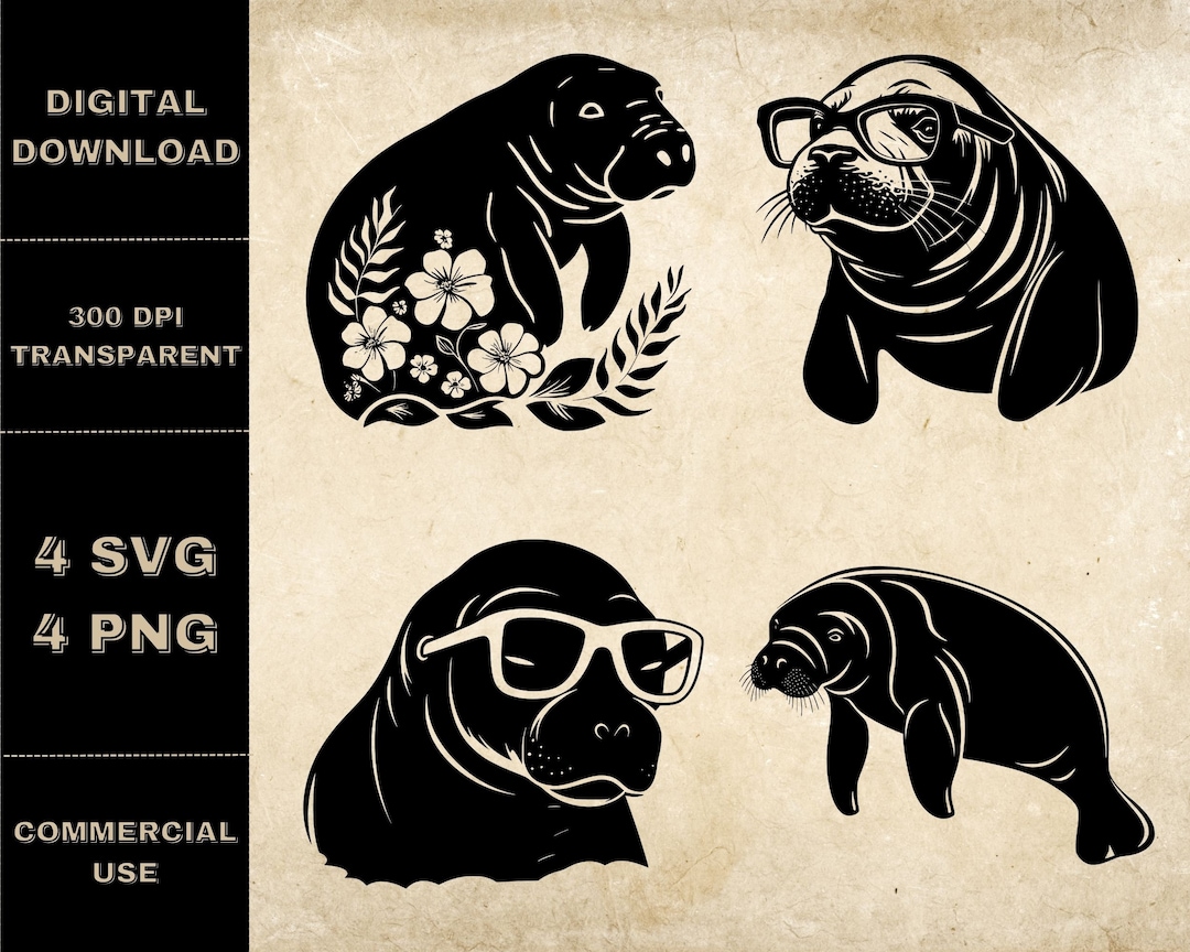 Manatee SVG Bundle, PNG, Cute Manatee Clipart, Hand Drawn Manatee ...