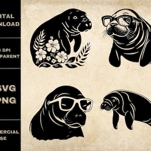 Manatee SVG Bundle, PNG, Cute Manatee Clipart, Hand Drawn Manatee ...