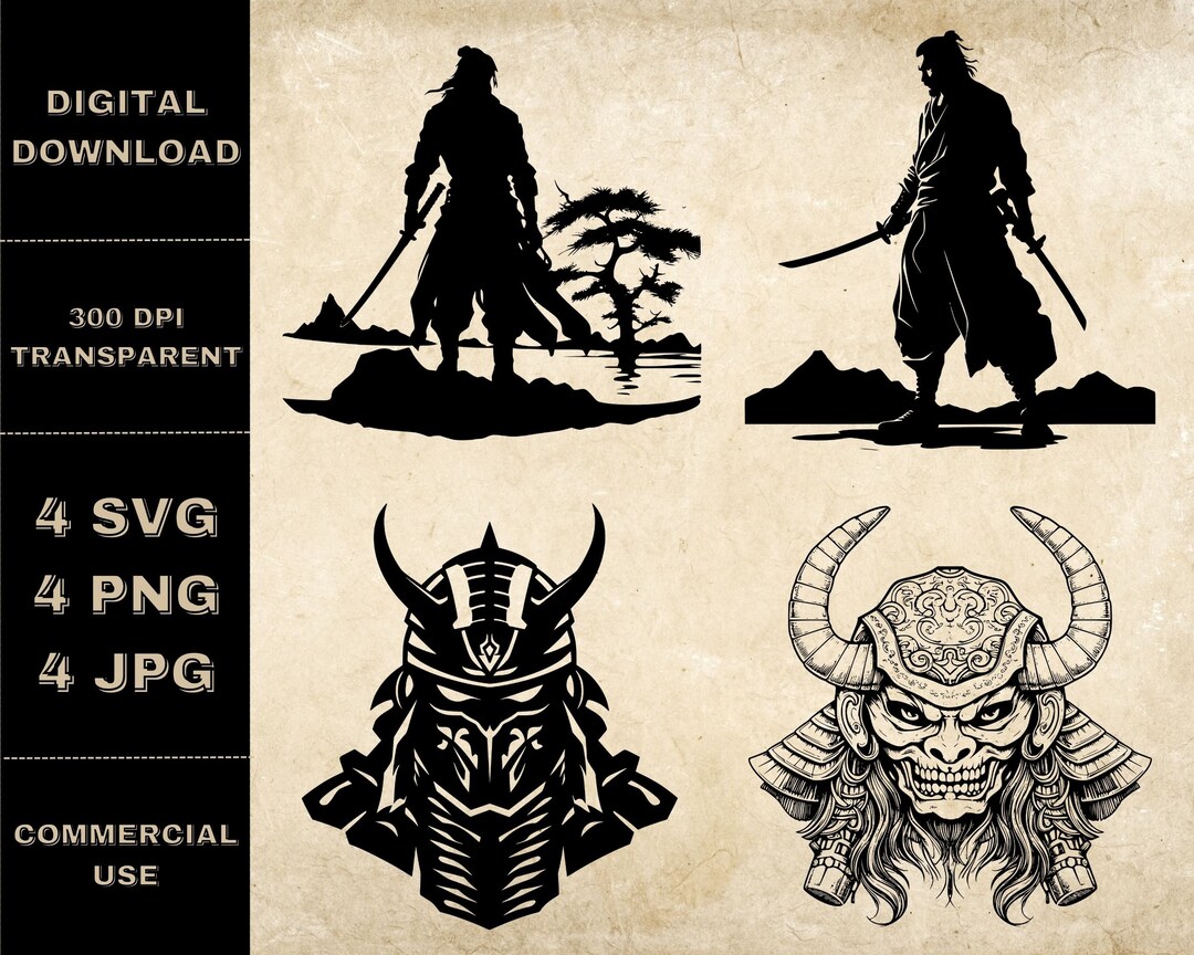 Samurai SVG Bundle, PNG, Ninja Warrior Clipart, Hand Drawn Samurai ...