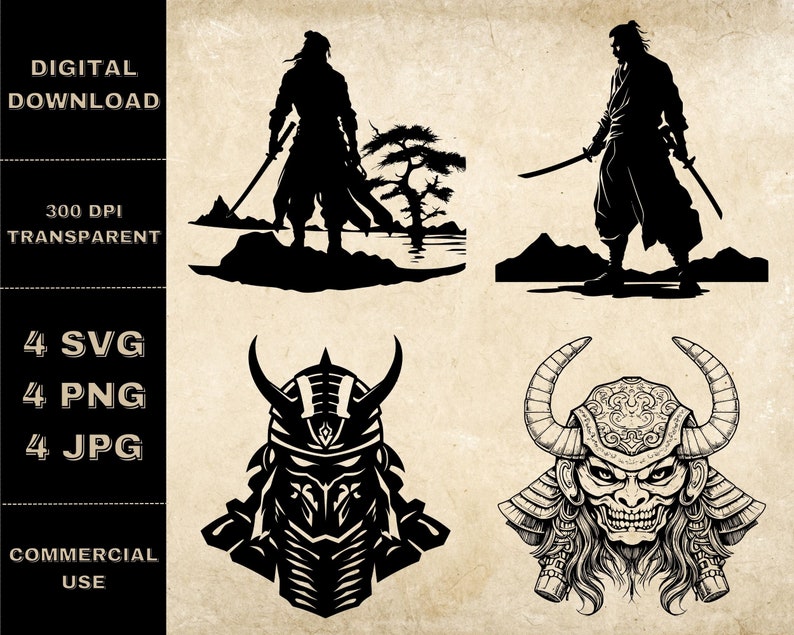 Samurai SVG Bundle, PNG, Ninja Warrior Clipart, Hand Drawn Samurai ...