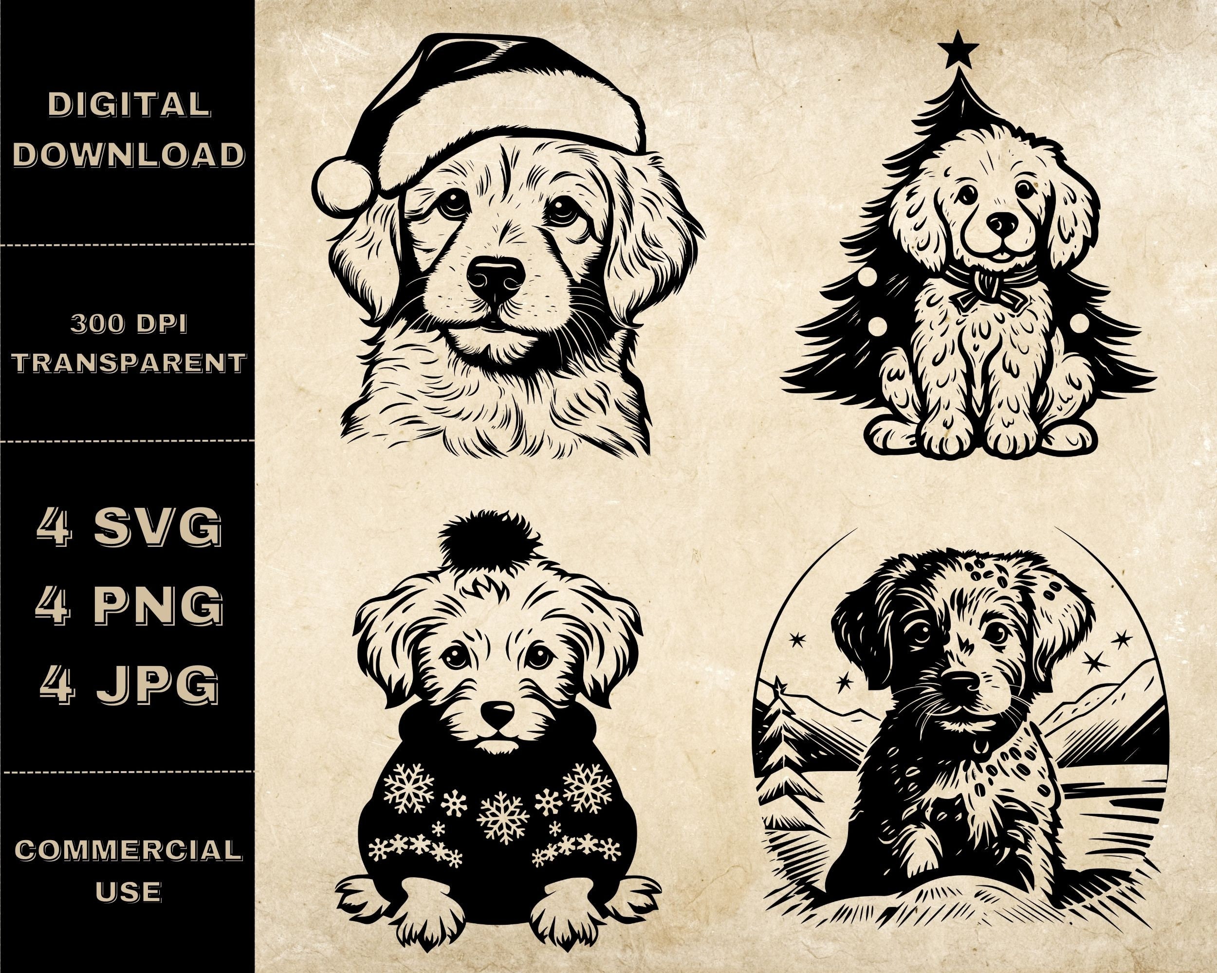 Christmas Dog SVG Bundle, PNG, Xmas Themed Clipart, Hand Drawn Dogs ...
