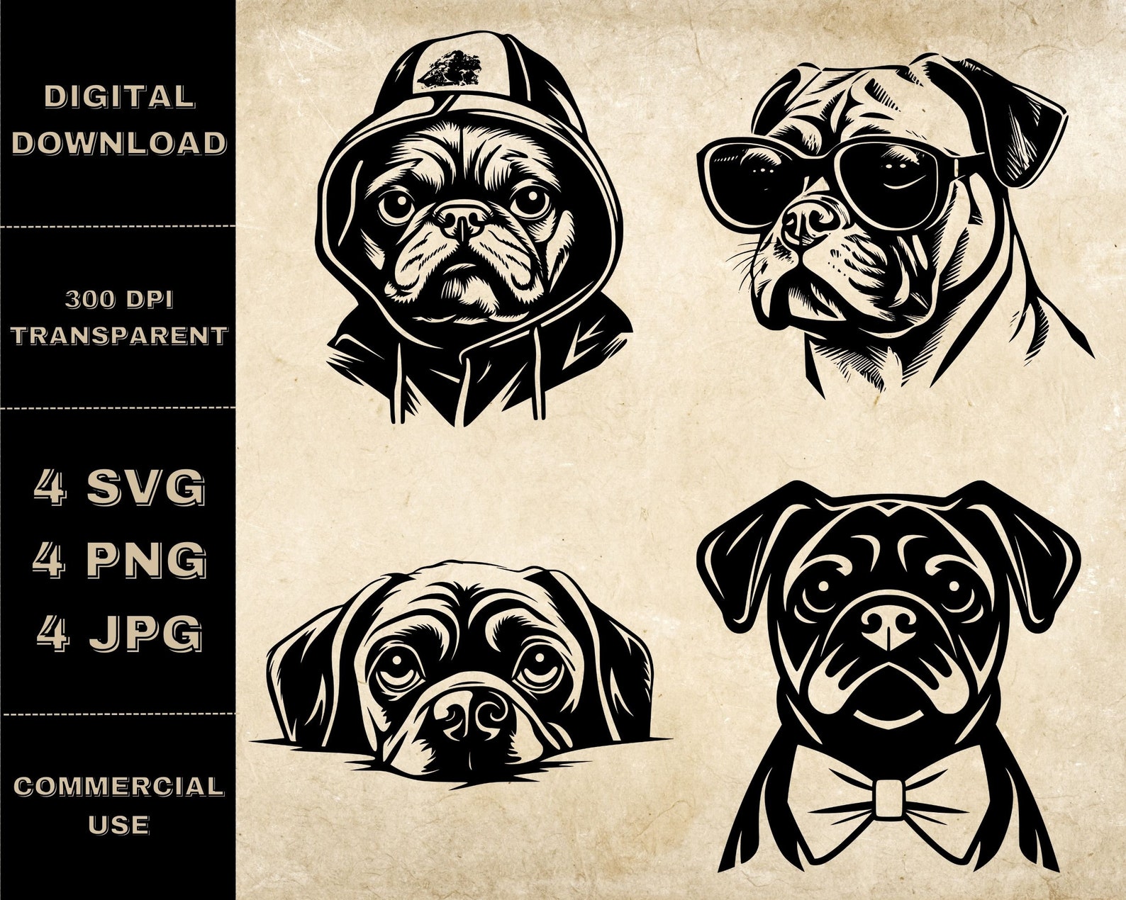 Pug SVG Bundle, PNG, Cute Dogs Clipart, Hand Drawn Peeking Dog Vector ...
