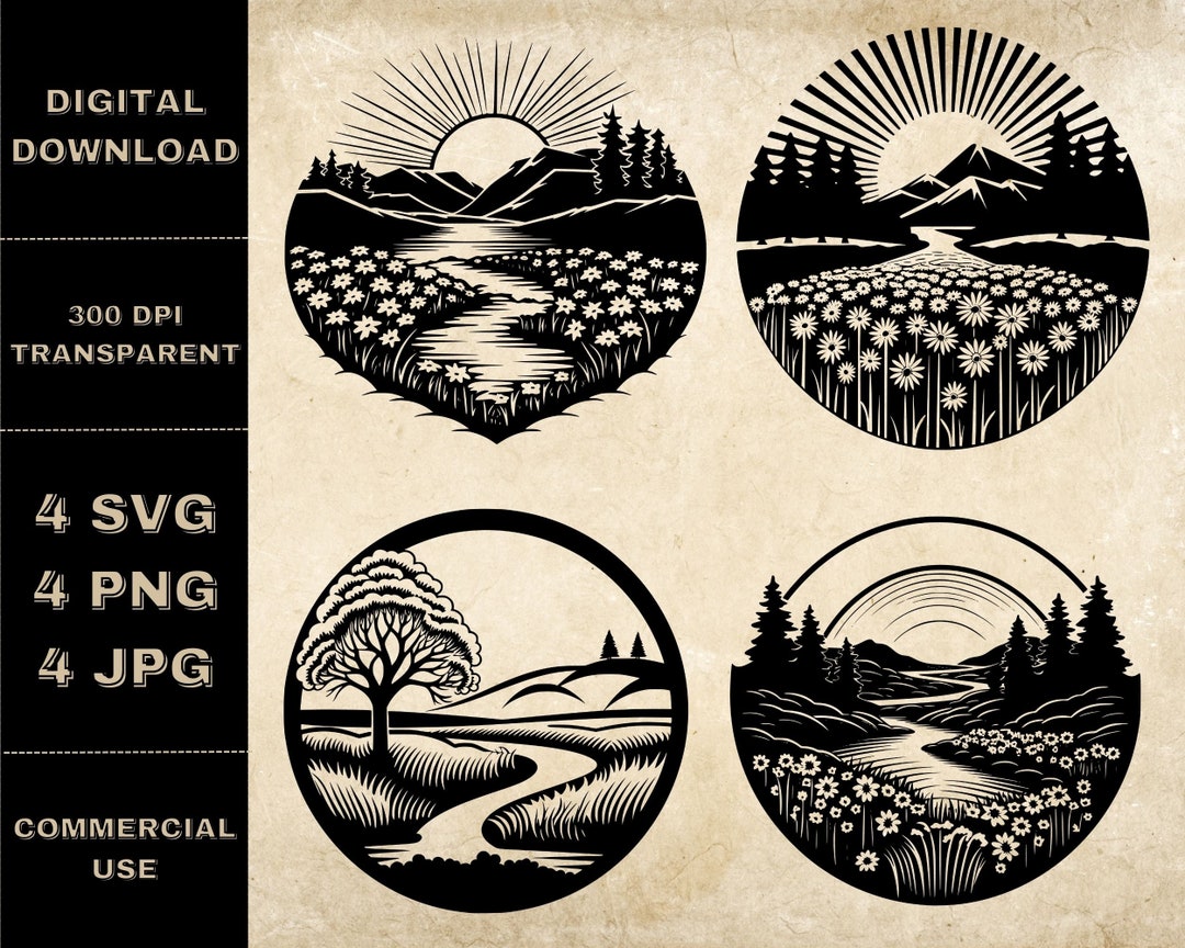 Meadow Svg Bundle, PNG, Wildflower Clipart, Hand Drawn Flower Landscape Vector Illustration, SVG ...