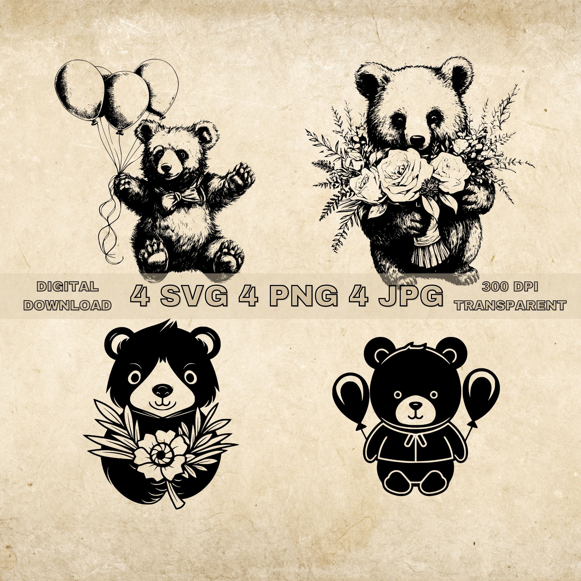 Baby Bear SVG Bundle, PNG, Cute Bears Clipart, Hand Drawn Bears Vector ...