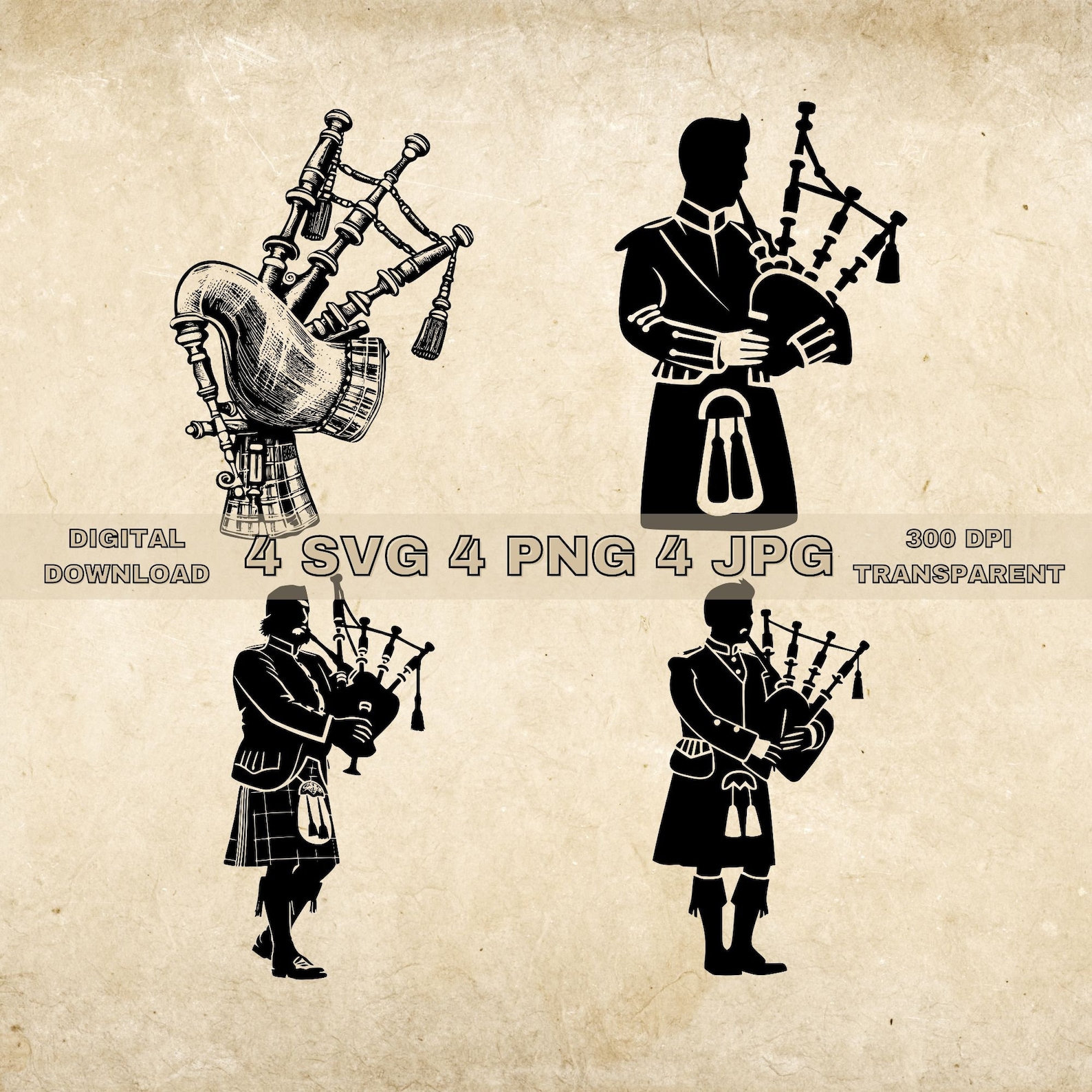 Bagpipe SVG Bundle, PNG, Bagpiper Clipart, Hand Drawn Bagpipes Vector ...