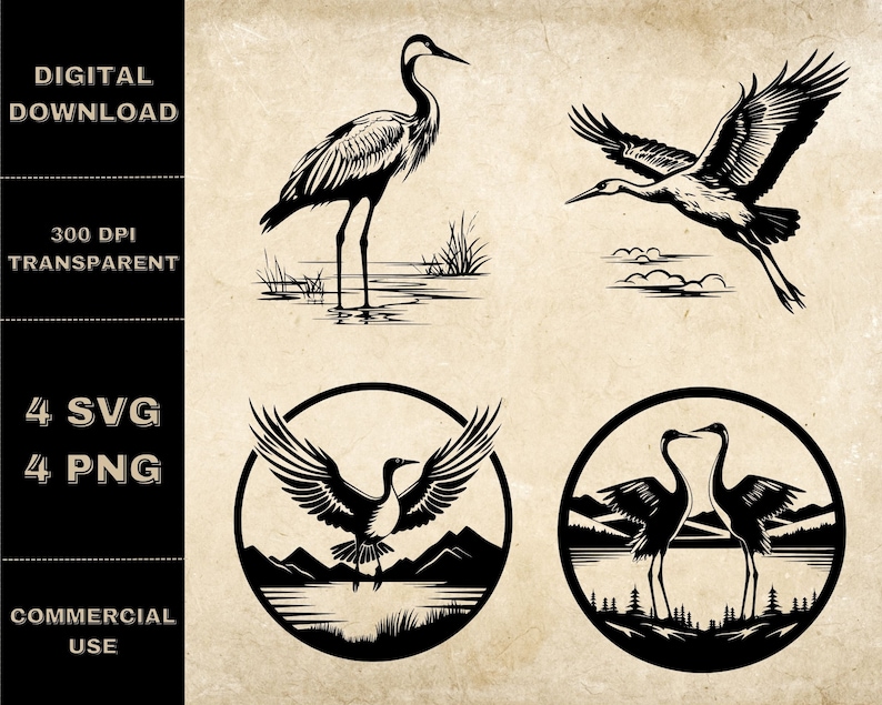 Crane SVG Bundle PNG Bird Clipart Hand Drawn Crane Vector - Etsy
