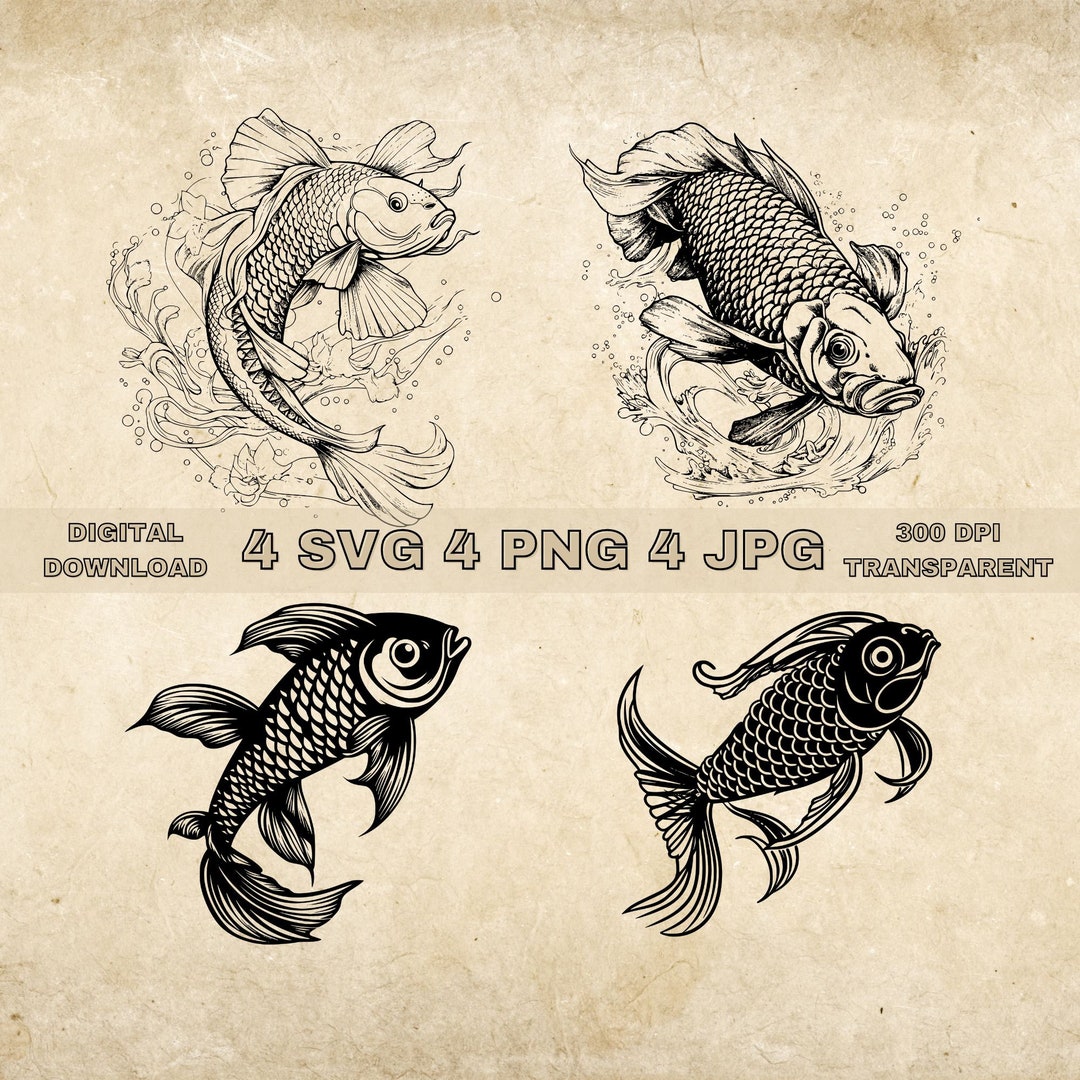 Koi Fish SVG Bundle, PNG, Fishes Clipart, Hand Drawn Sea Koi Fish ...