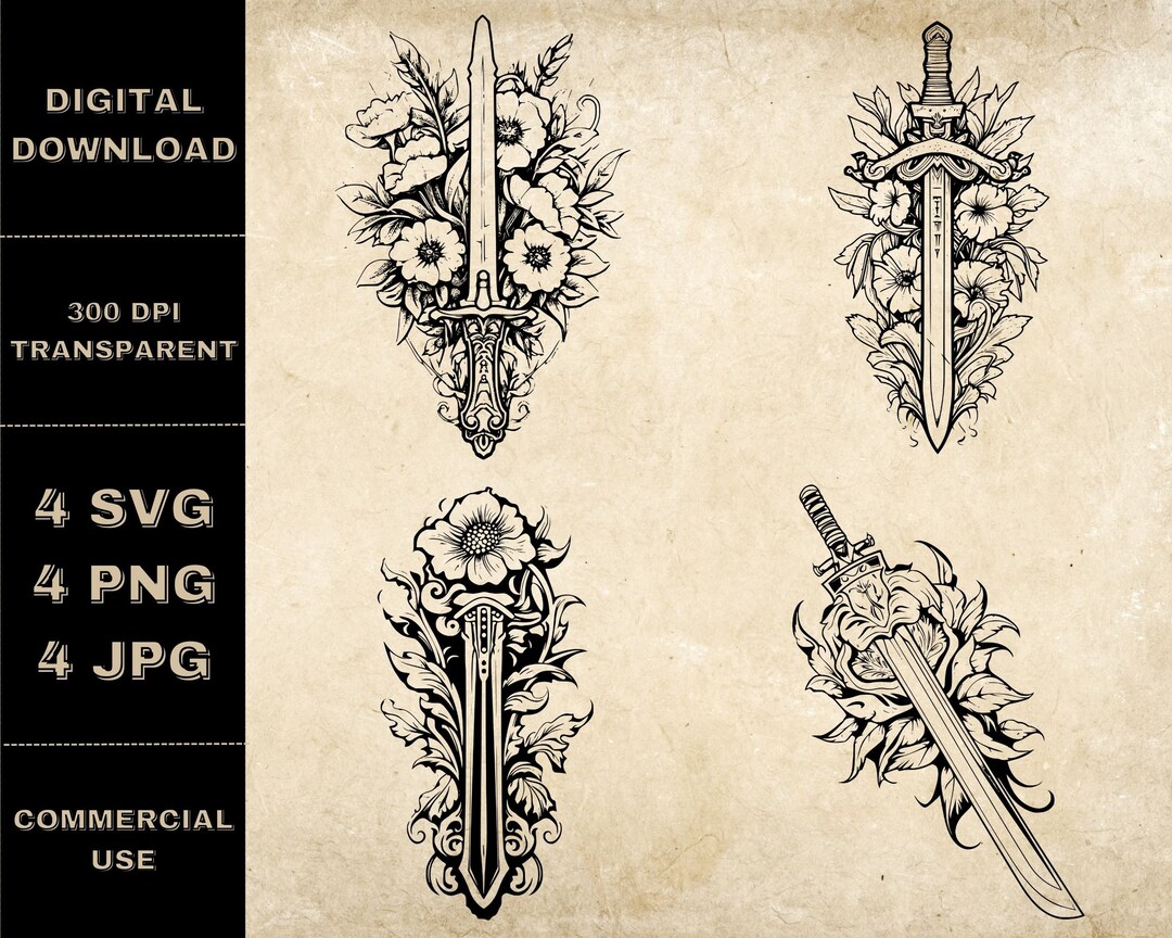 Floral Sword SVG Bundle, PNG, Sword Flower Clipart, Hand Drawn Swords ...
