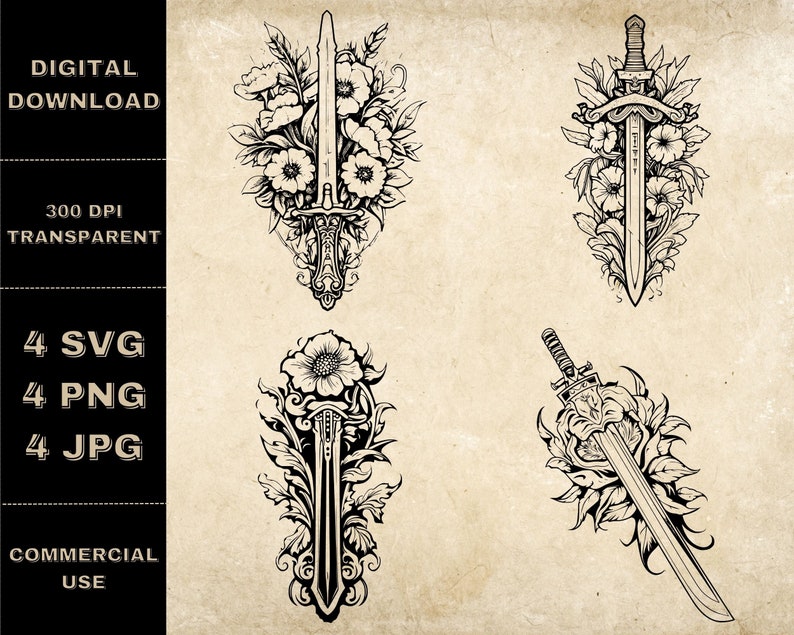 Floral Sword SVG Bundle, PNG, Sword Flower Clipart, Hand Drawn Swords ...