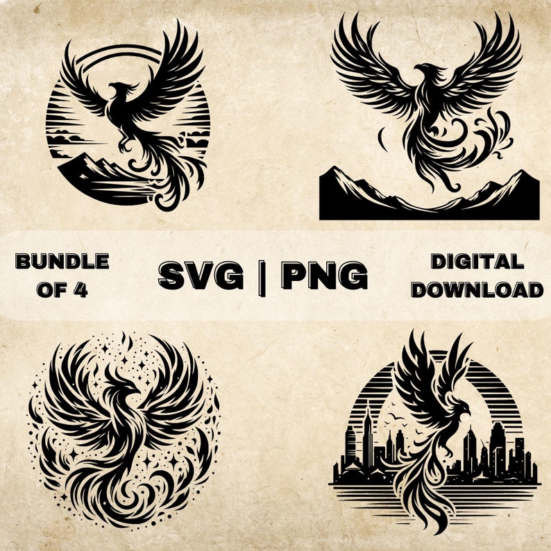Mythical Phoenix SVG Bundle, PNG, Phoenix Clipart, Hand Drawn Phoenix ...