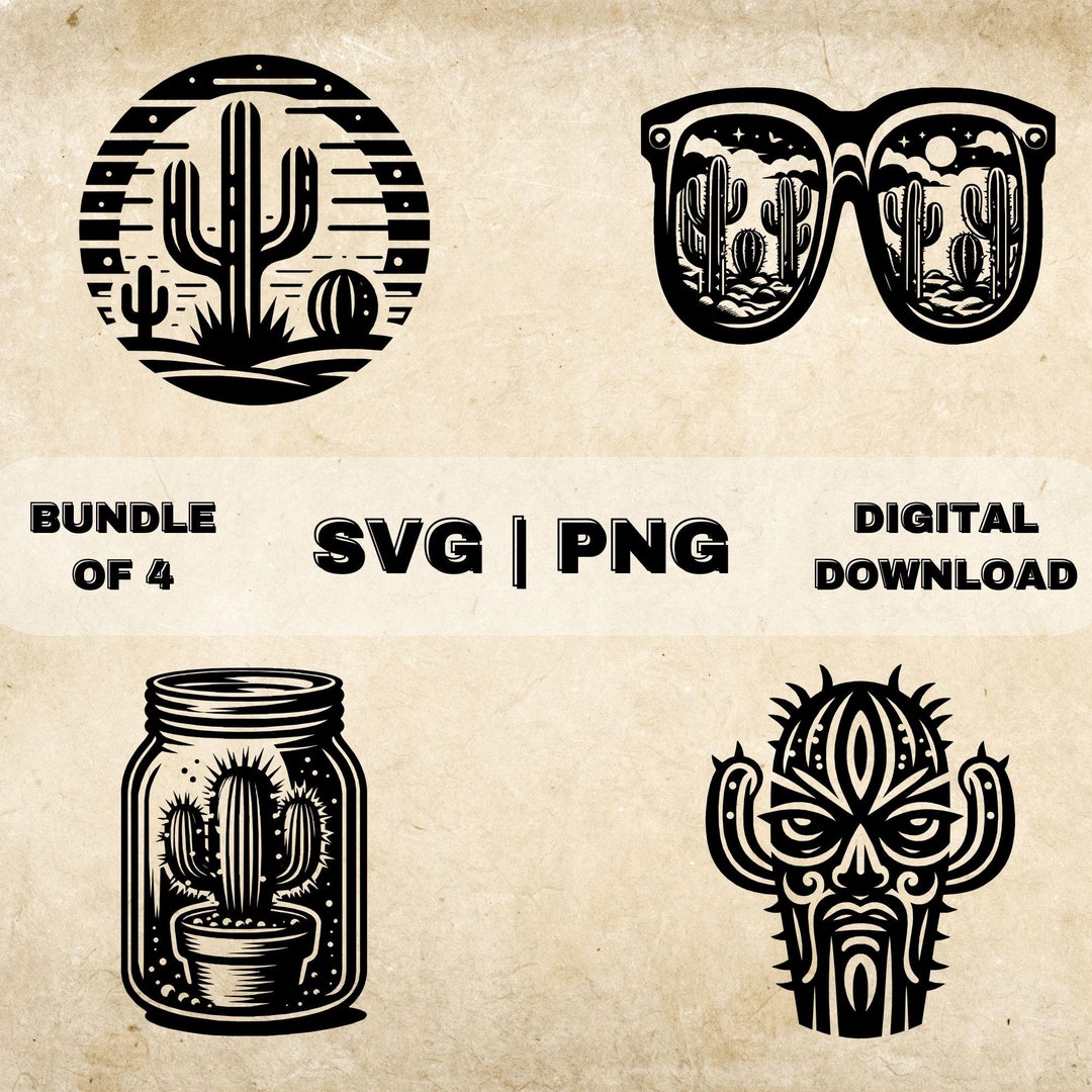 Cactus SVG Bundle, Desert Scene Clipart, Hand Drawn Cactus Theme Vector ...