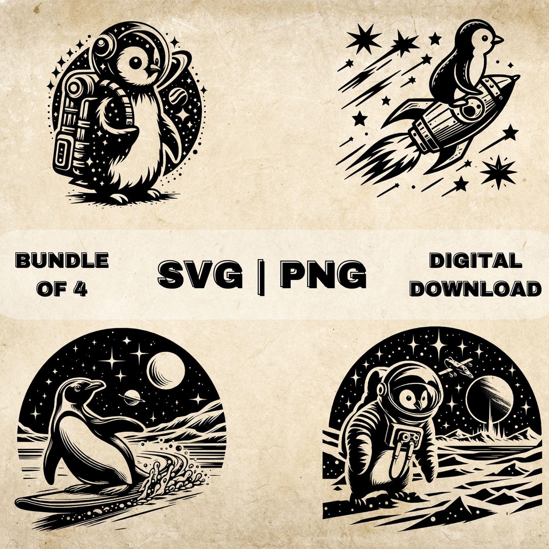 Space Penguin SVG Bundle, Fantasy Animal Clipart, Hand Drawn Penguins ...