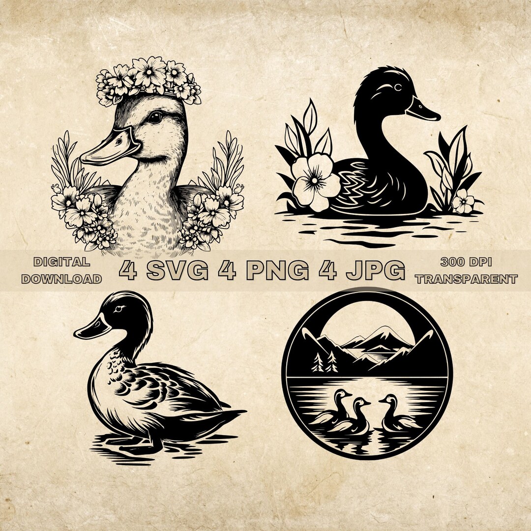 Duck With Flower SVG Bundle, PNG, Duck Scene Clipart, Hand Drawn Ducks ...