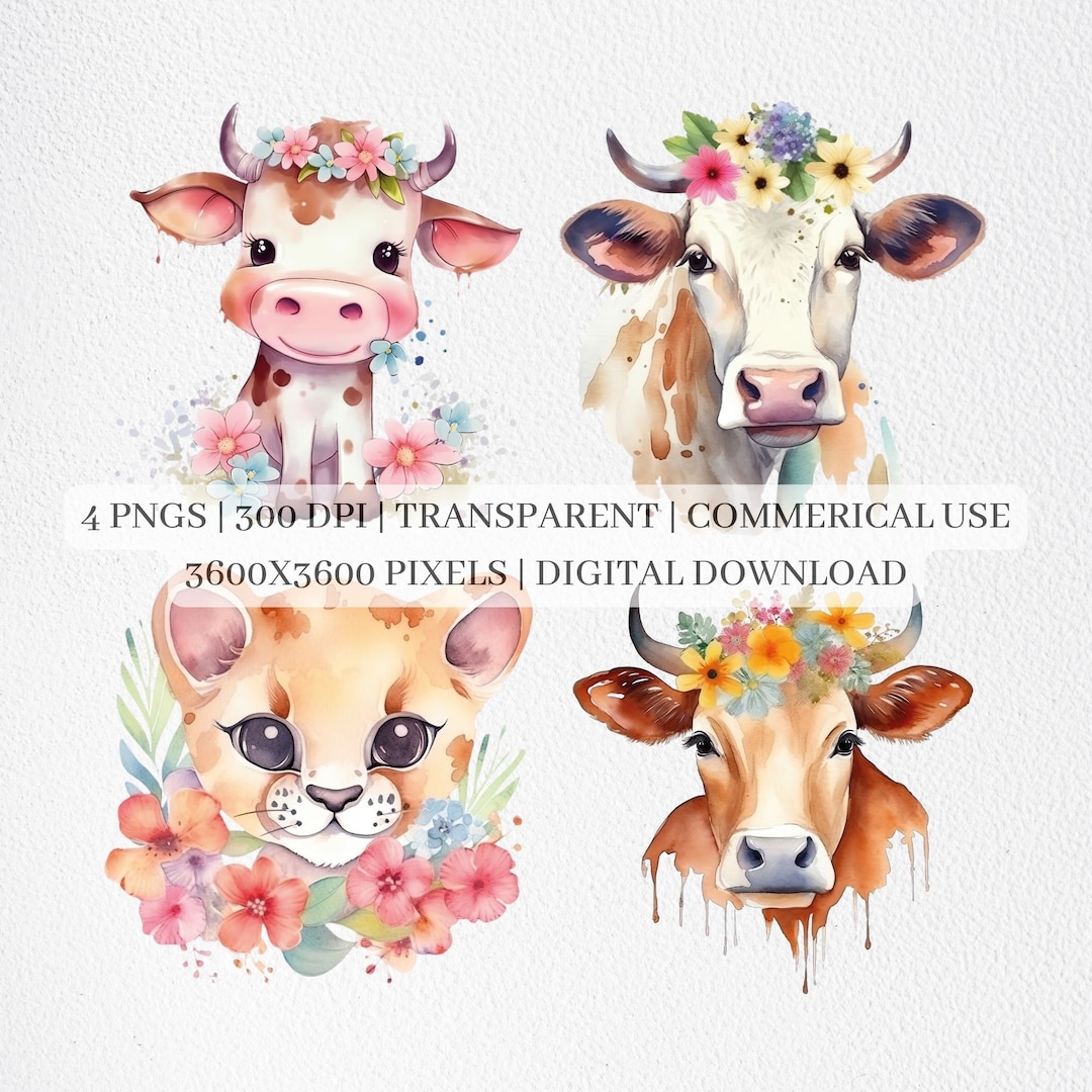 Watercolor Cow Clipart, Cute Cow PNG, Farm Animal Clip Art for Nursery ...