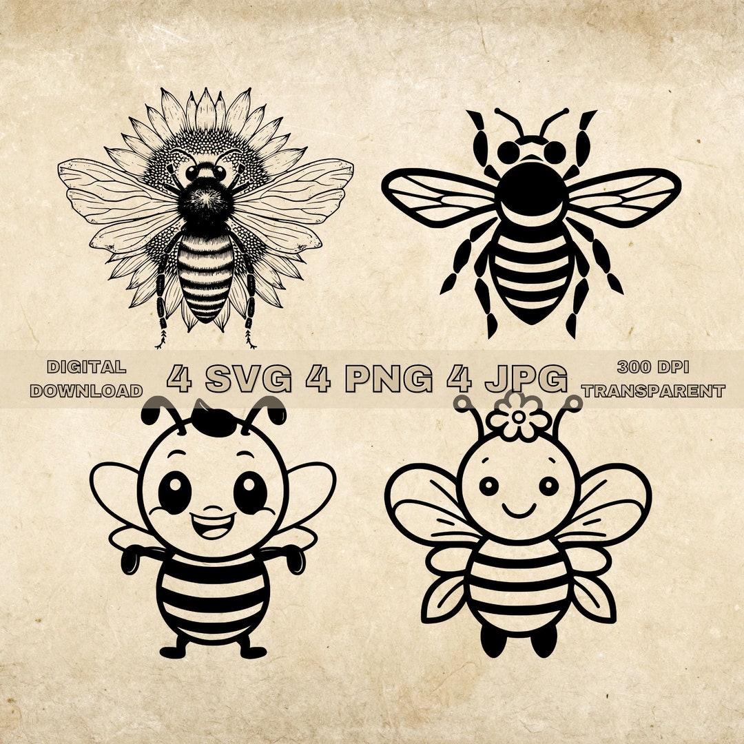 Bee SVG Bundle, PNG, Cute Bumblebee Clipart, Hand Drawn Bees Vector ...