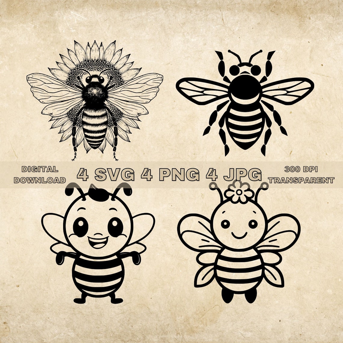 Bee SVG Bundle PNG Cute Bumblebee Clipart Hand Drawn Bees - Etsy
