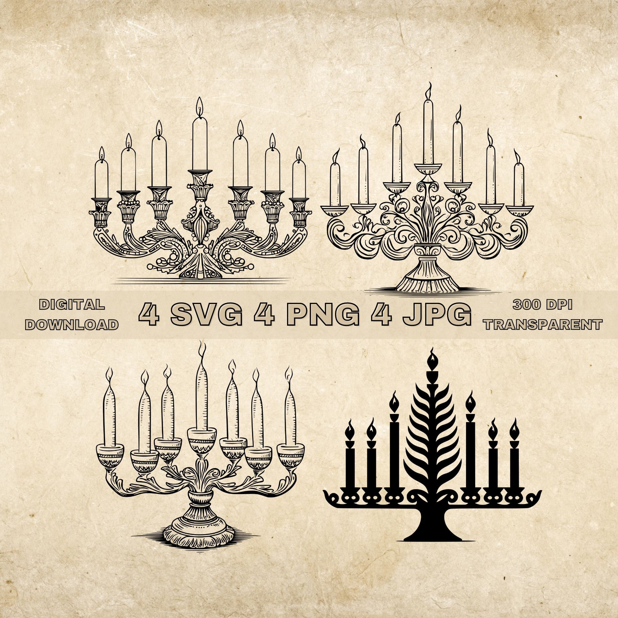 Menorah SVG Bundle, PNG, Hanukkah Clipart, Hand Drawn Menorah Vector ...