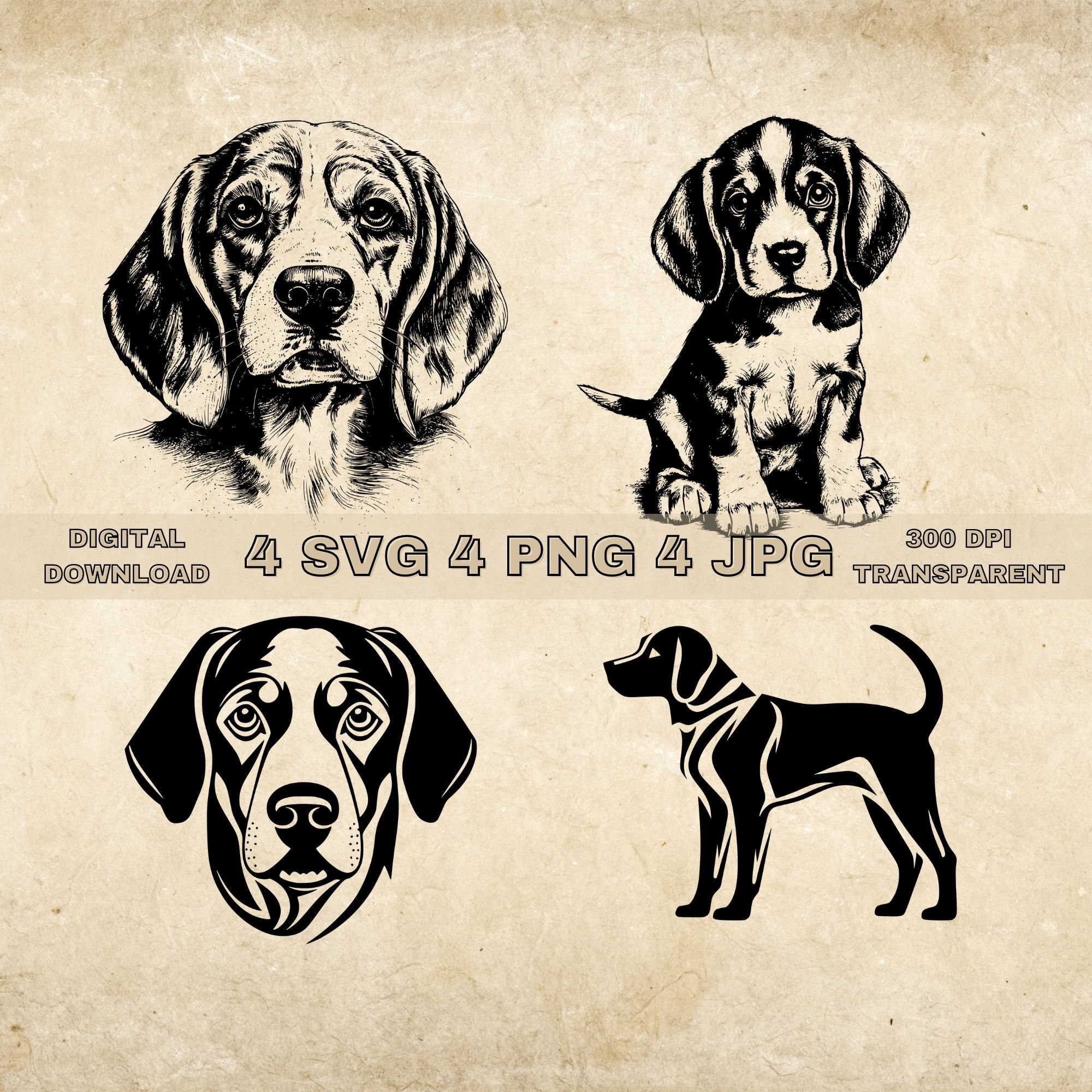 Beagle SVG Bundle, PNG, Cute Dogs Clipart, Hand Drawn Dog Vector ...