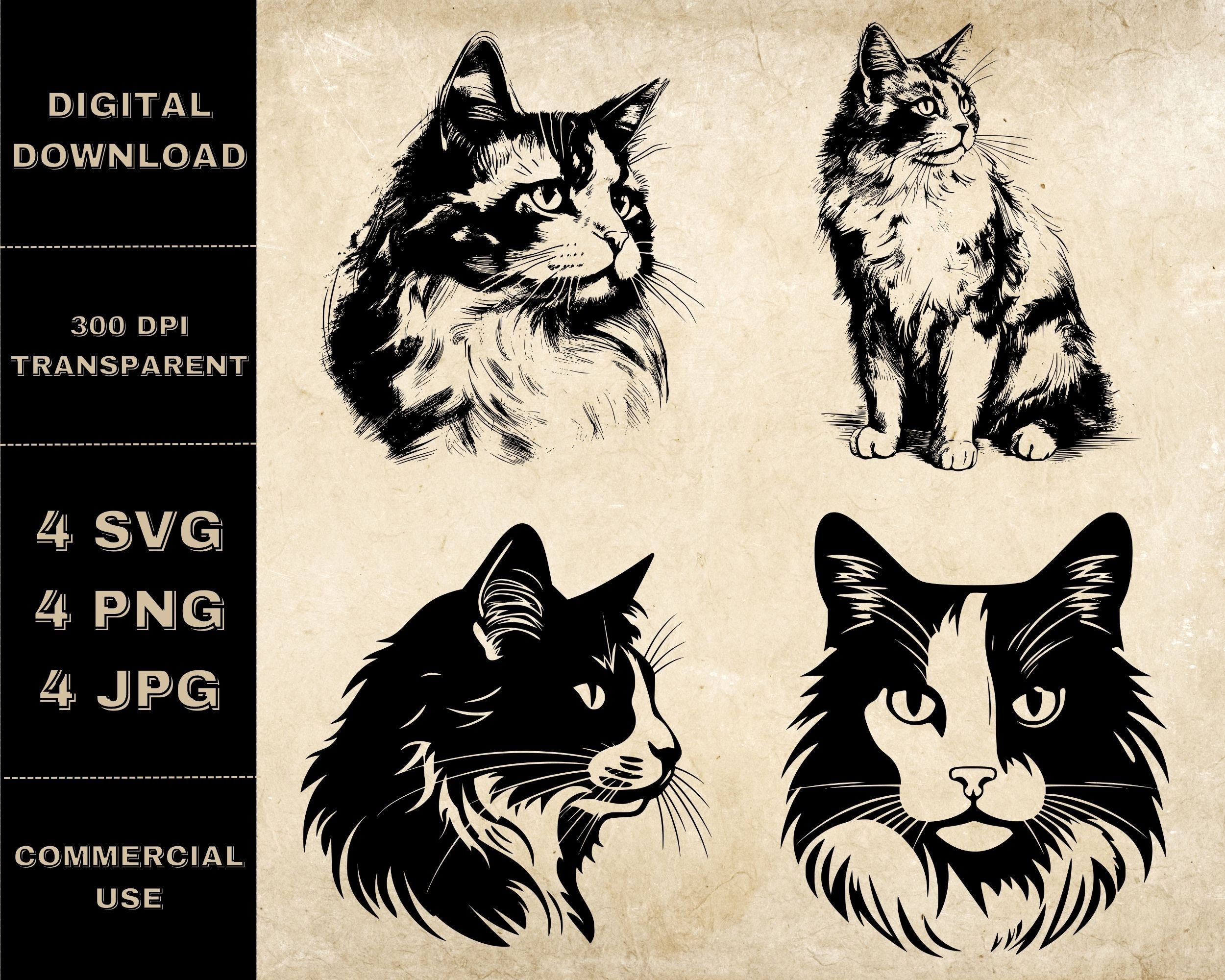 Calico Cat SVG Bundle, PNG, Cat Face Clipart, Hand Drawn Calico Cat ...