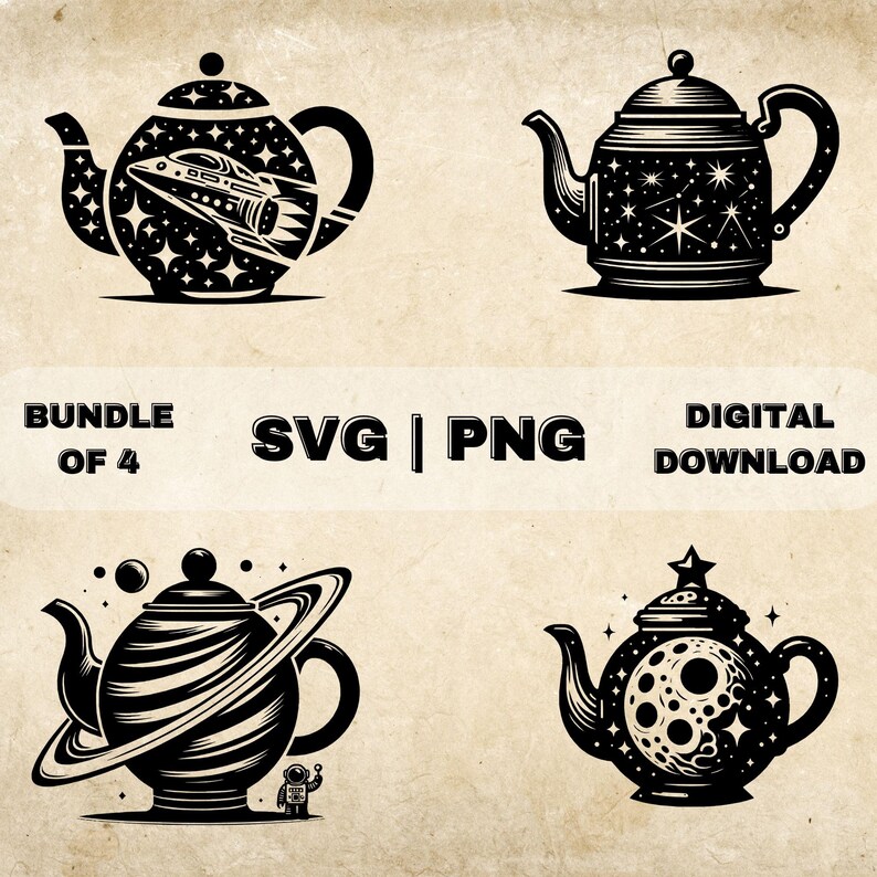 Fantasy Teapot SVG Bundle, PNG, Celestial Tea Clipart, Hand Drawn Space Themed Vector ...