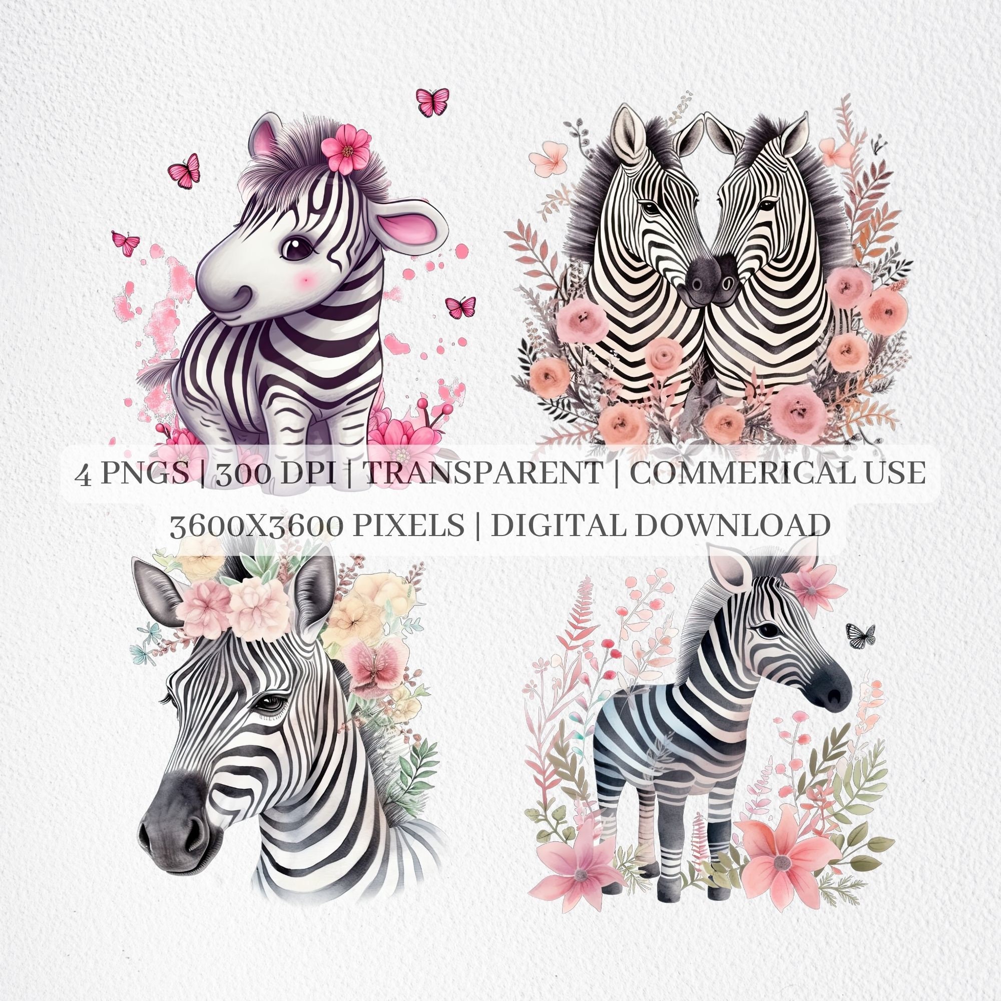 Floral Zebra Clipart, Zebras PNG Files for Sublimation, Zebra and ...