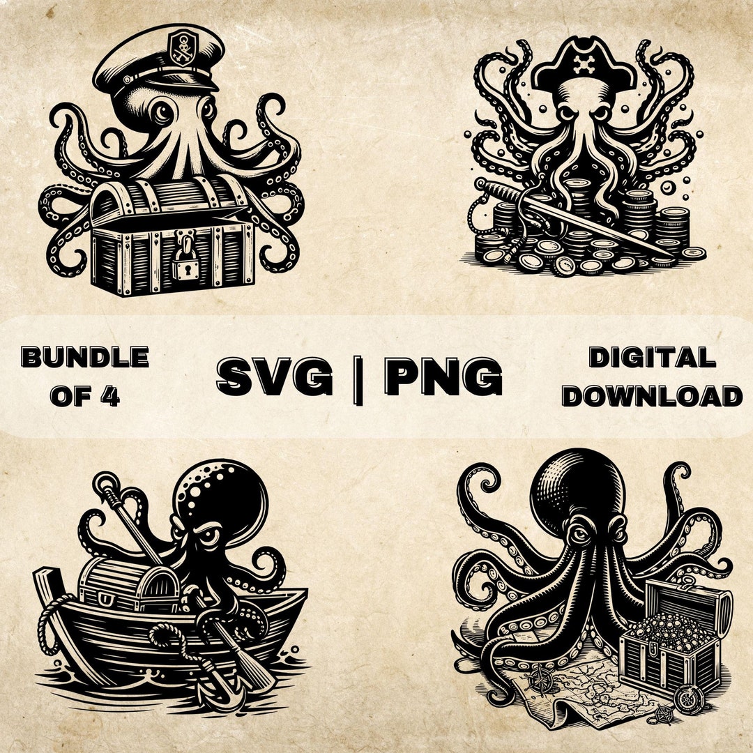 Pirate Octopus SVG Bundle, PNG, Treasure Clipart, Hand Drawn Fantasy ...