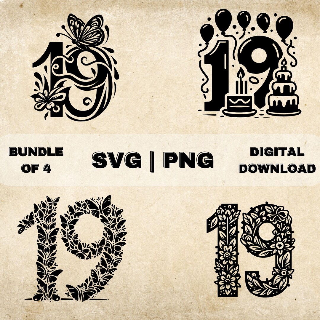 Number 19 SVG Bundle, 19th Birthday Clipart, Hand Drawn Nineteen Themed ...