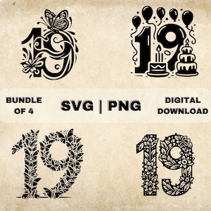 Number 19 SVG Bundle, 19th Birthday Clipart, Hand Drawn Nineteen Themed ...