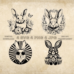 Bunny SVG Bundle, PNG, Rabbit and Flowers Clipart, Hand Drawn Bunnies ...