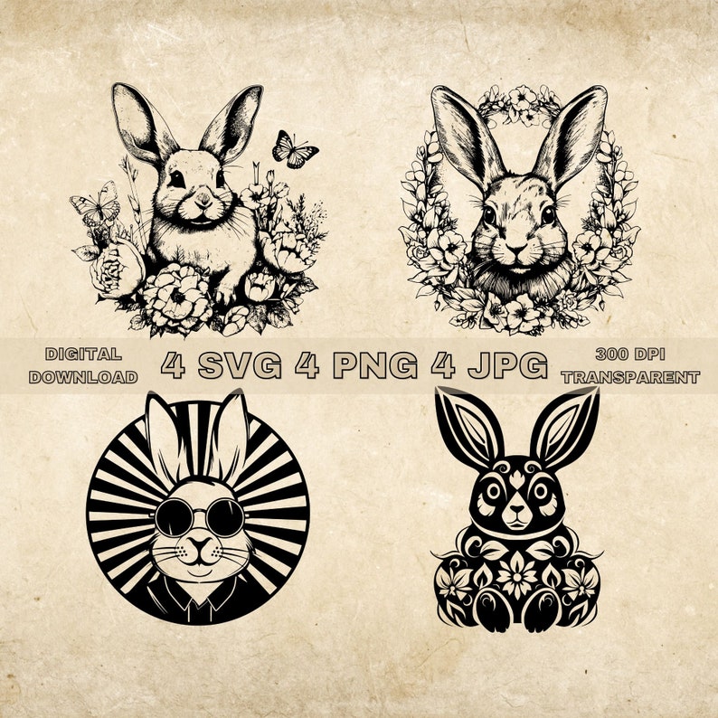 Bunny SVG Bundle PNG Rabbit and Flowers Clipart Hand Drawn - Etsy