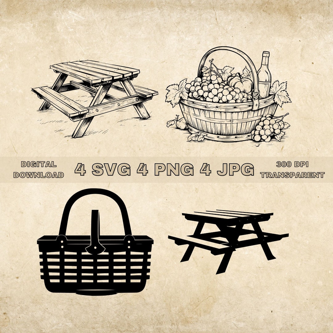 Picnic Table SVG Bundle, PNG, Picnic Basket Clipart, Hand Drawn Picnic ...