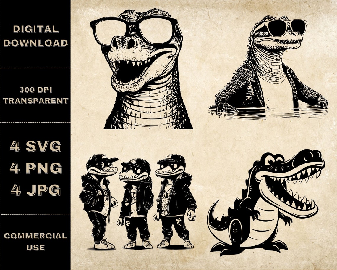 Cool Crocodile SVG Bundle PNG Alligator Clipart Hand Drawn - Etsy