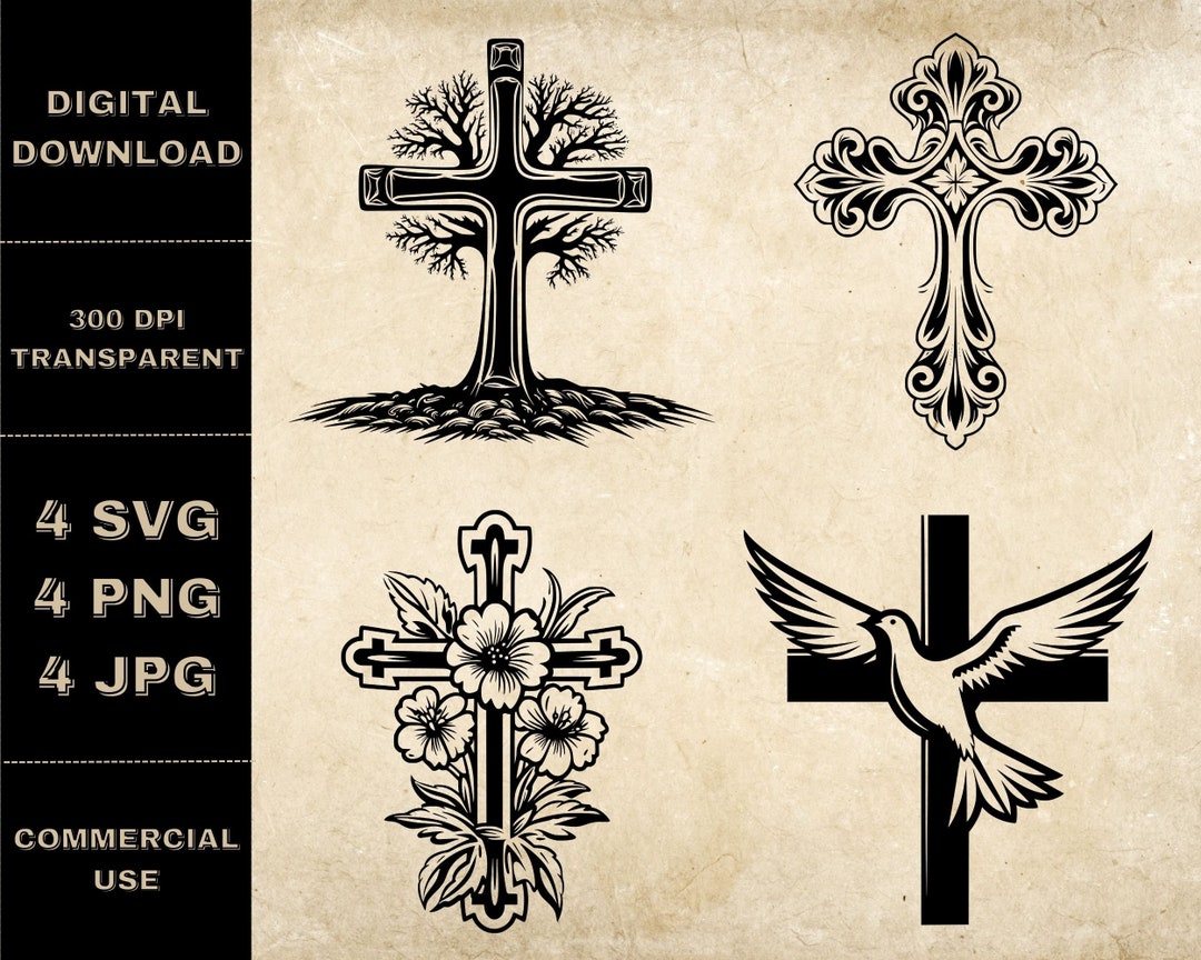 Cross SVG Bundle, PNG, Dove and Cross Clipart, Hand Drawn Floral Cross ...