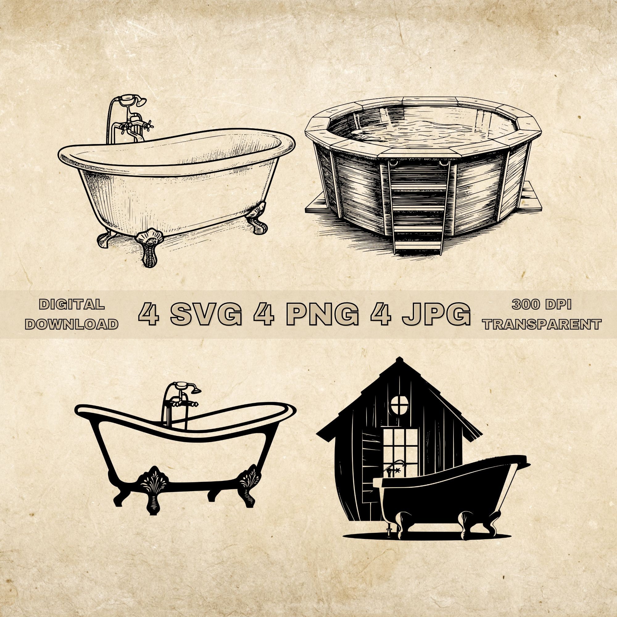 Bathtub SVG Bundle PNG Bath Tub Clipart Hand Drawn Bathtub - Etsy