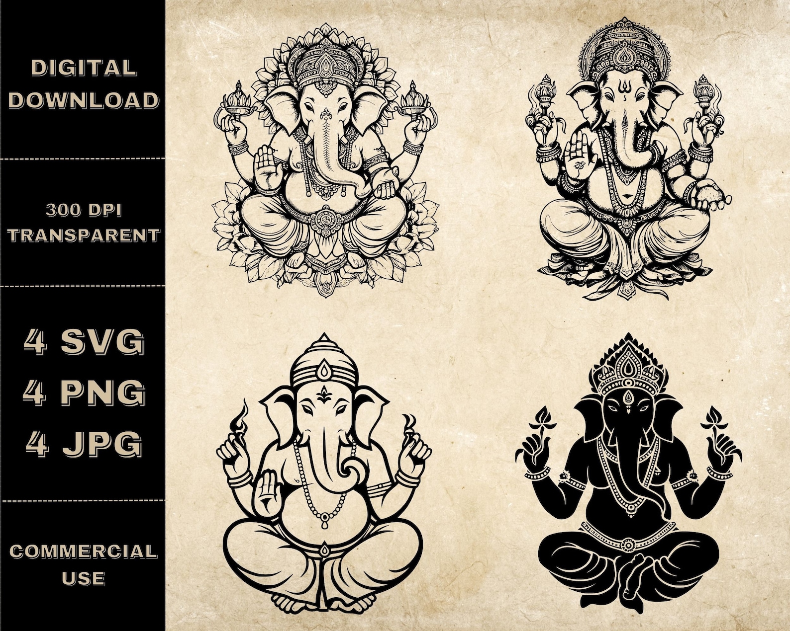 Ganesha SVG Bundle, PNG, Ganesha Clipart, Hand Drawn Ganpati Vector ...