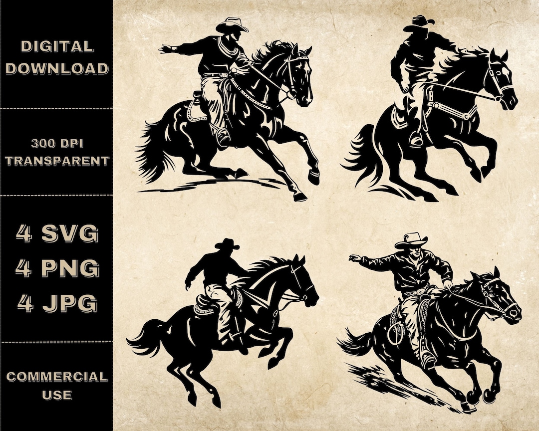 Rodeo SVG Bundle, PNG, Horse Bucking Clipart, Hand Drawn Western Cowboy ...