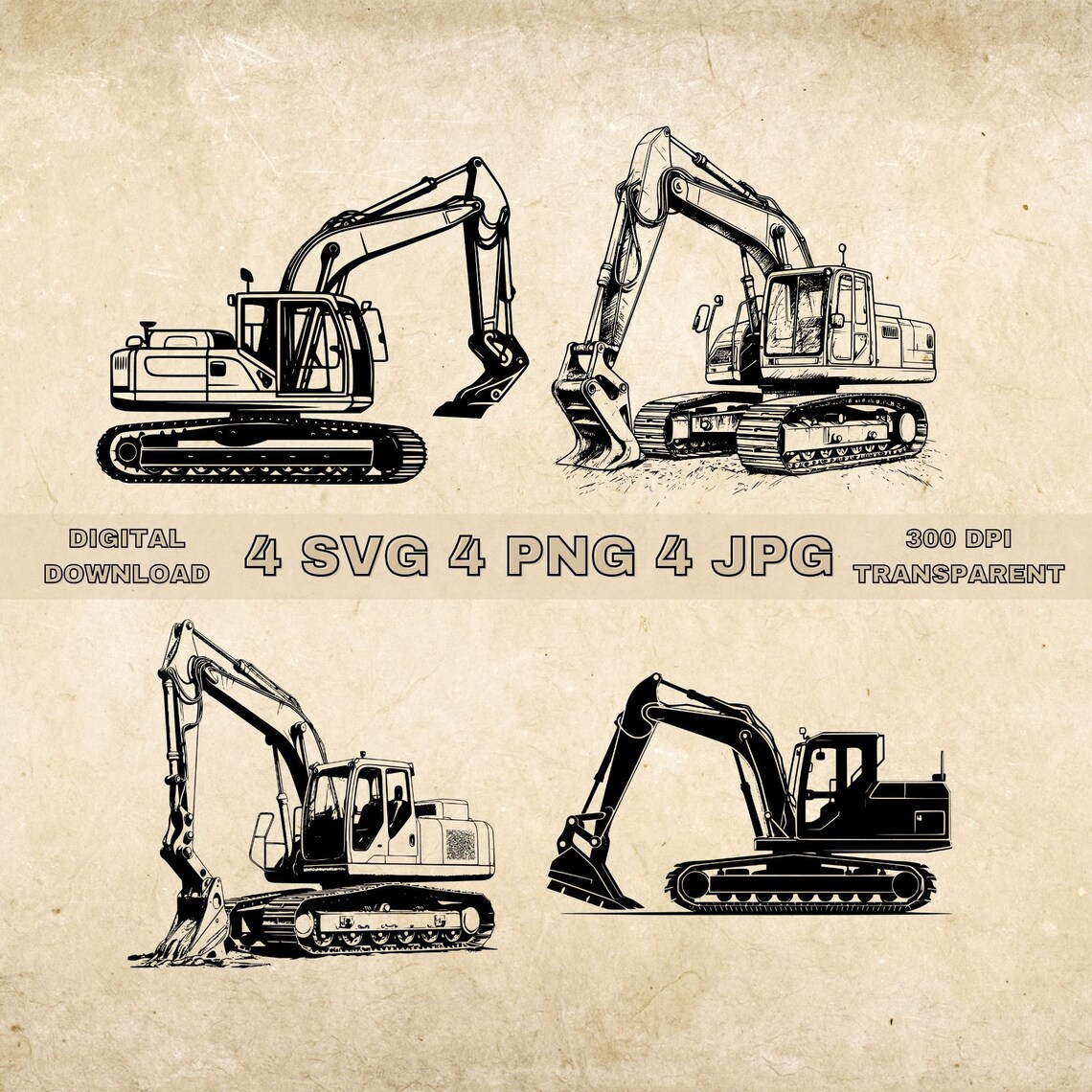 Excavator SVG Bundle, PNG, Excavator Clipart, Hand Drawn Excavator ...