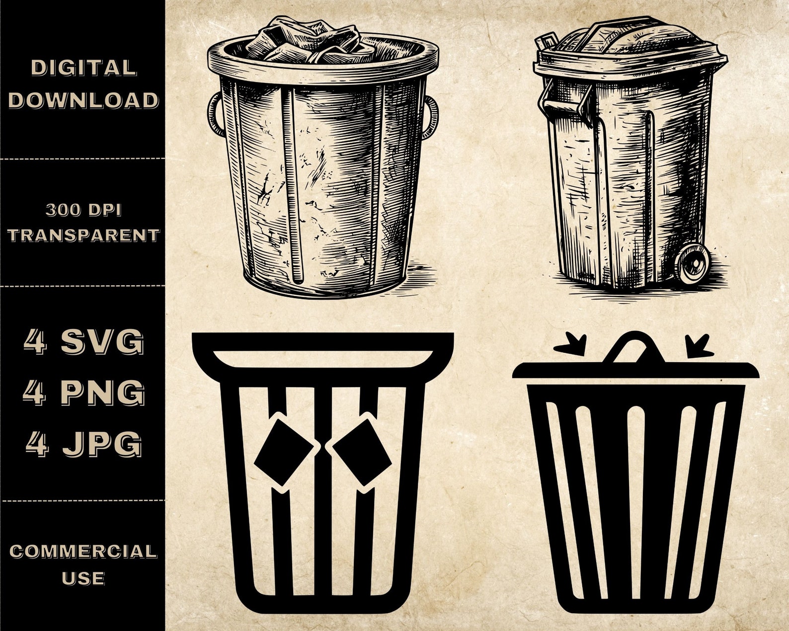 Trash Bin SVG Bundle, PNG, Trash Can Clipart, Hand Drawn Trash Bin ...