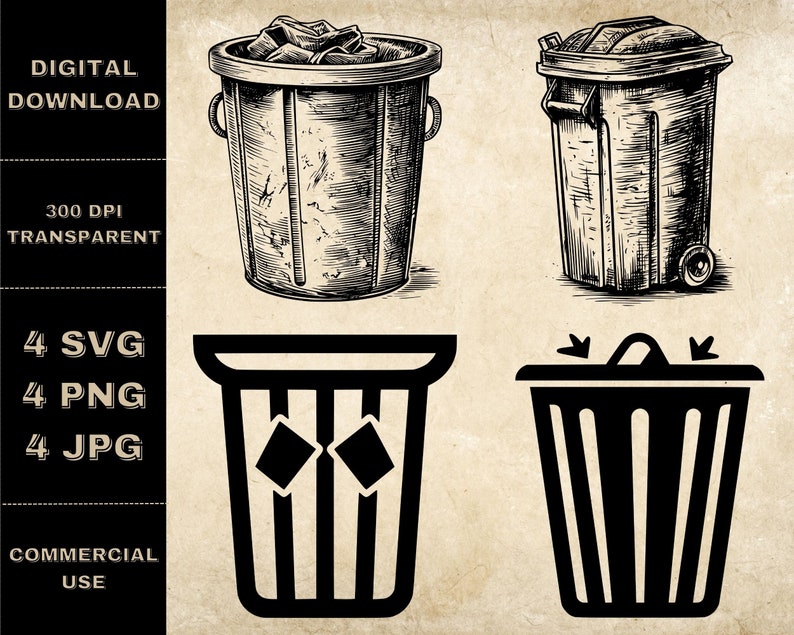 Trash Bin SVG Bundle, PNG, Trash Can Clipart, Hand Drawn Trash Bin ...
