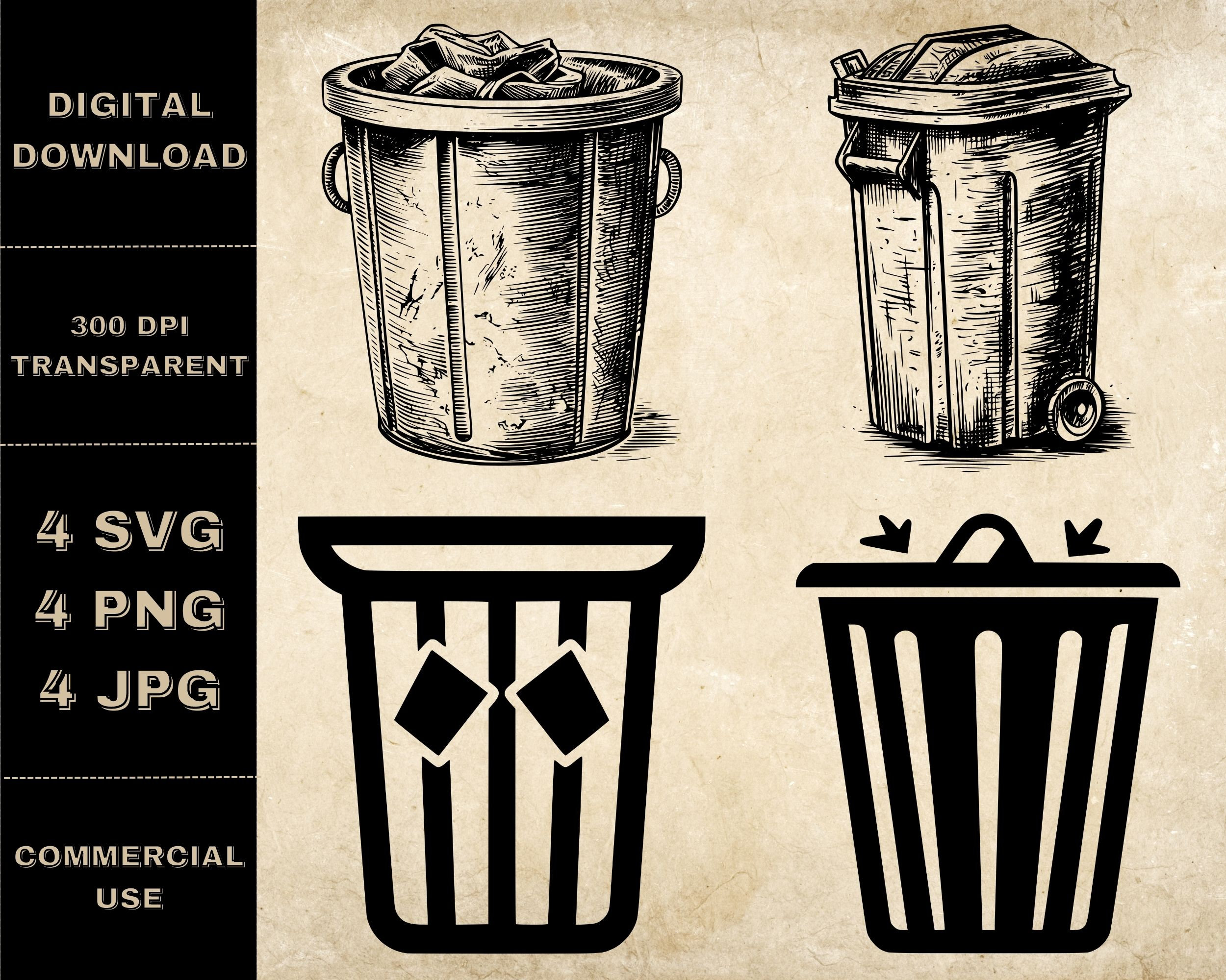 Trash Bin SVG Bundle, PNG, Trash Can Clipart, Hand Drawn Trash Bin ...
