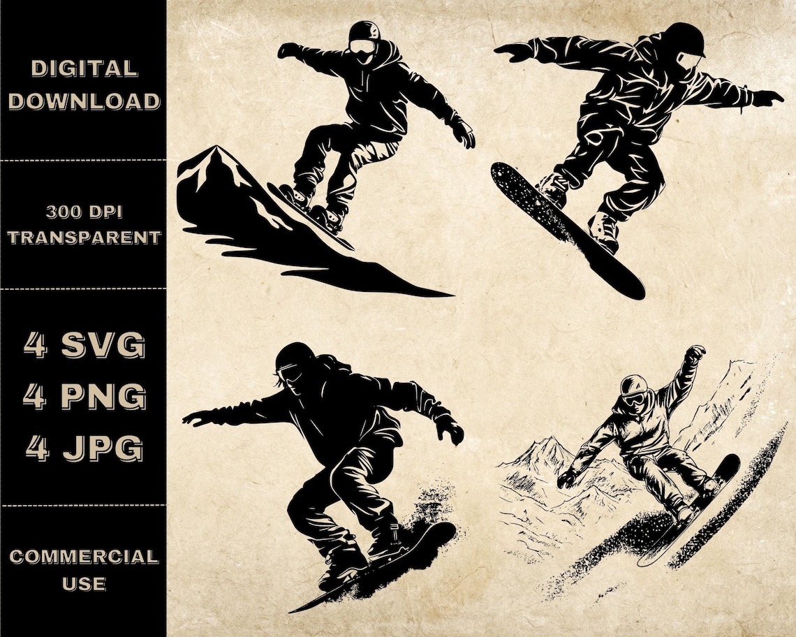 Snowboarding SVG Bundle PNG Snowboard Clipart Hand Drawn - Etsy