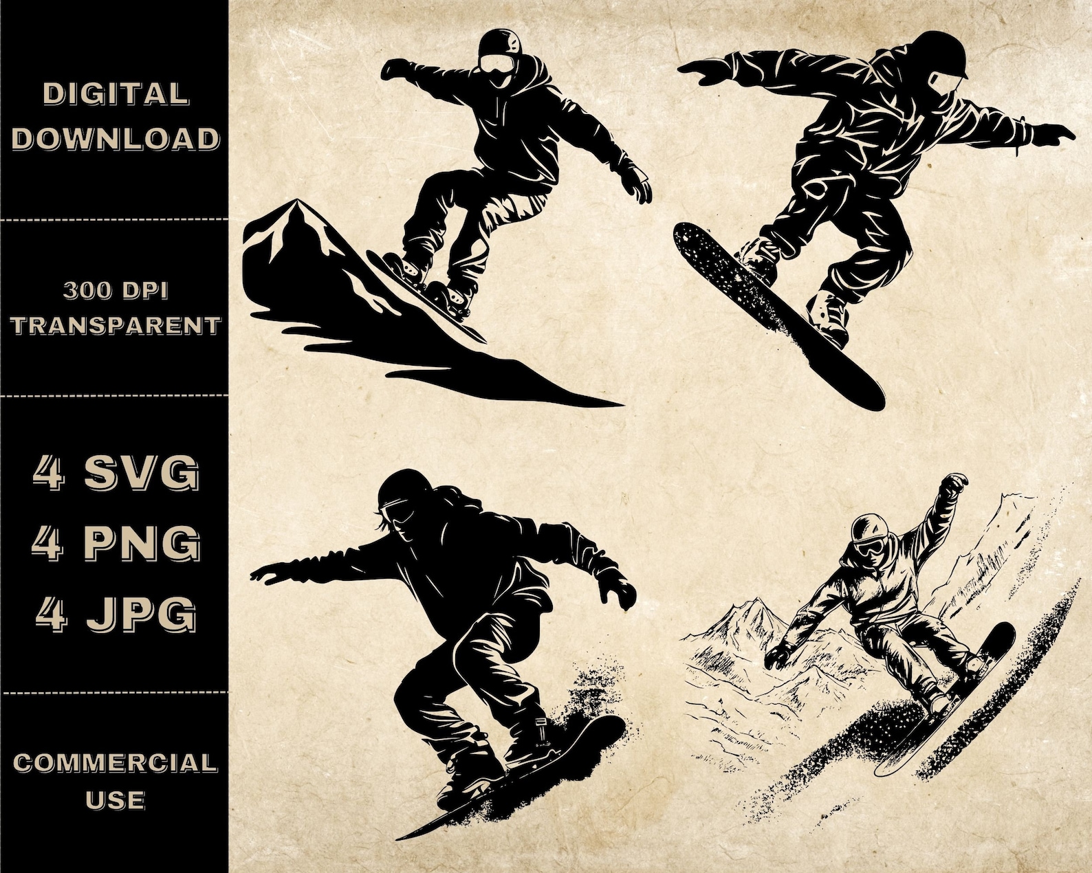 Snowboarding SVG Bundle, PNG, Snowboard Clipart, Hand Drawn Snowboarder ...