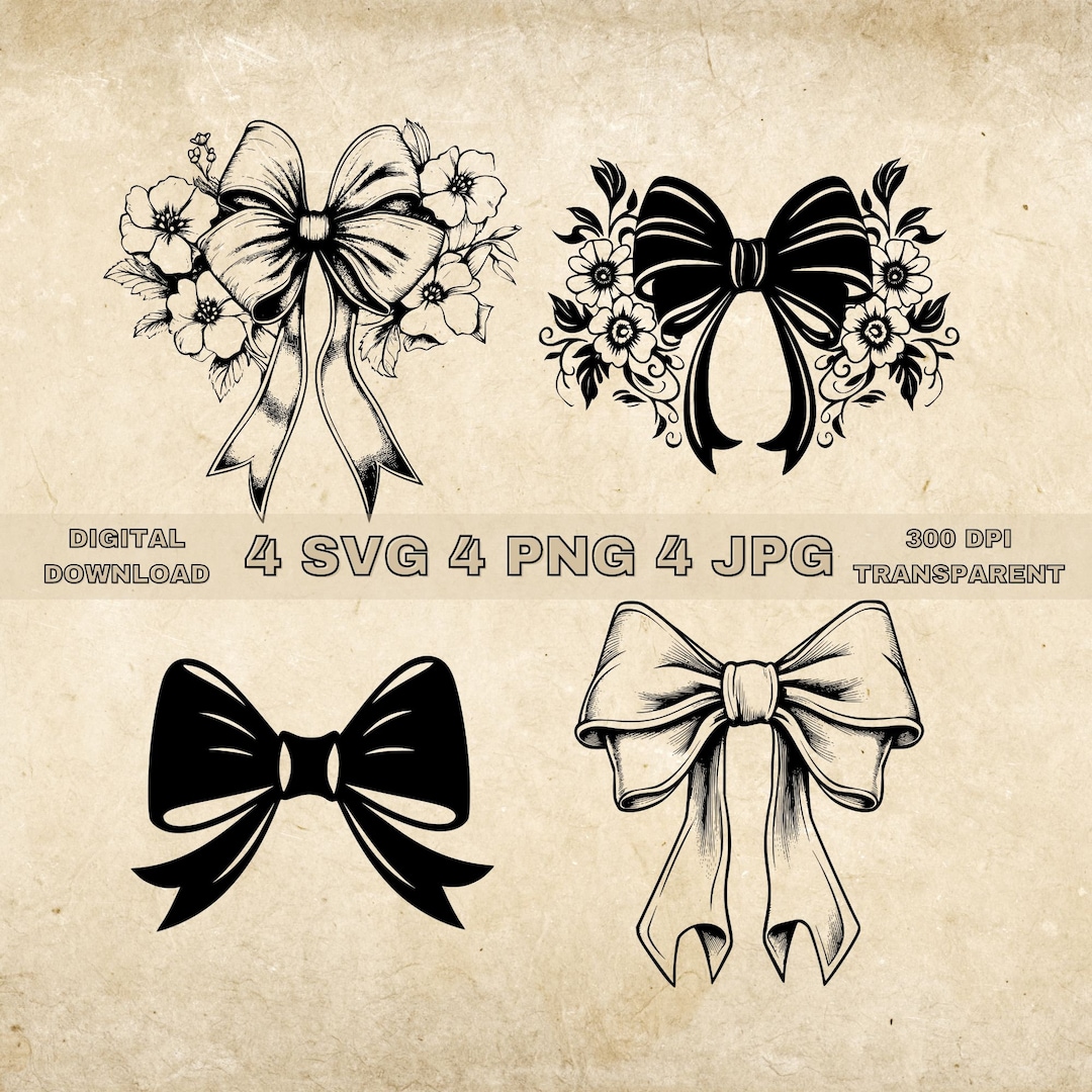 Ribbon Bow SVG Bundle, PNG, Floral Bow Tie Clipart, Hand Drawn Ribbon ...
