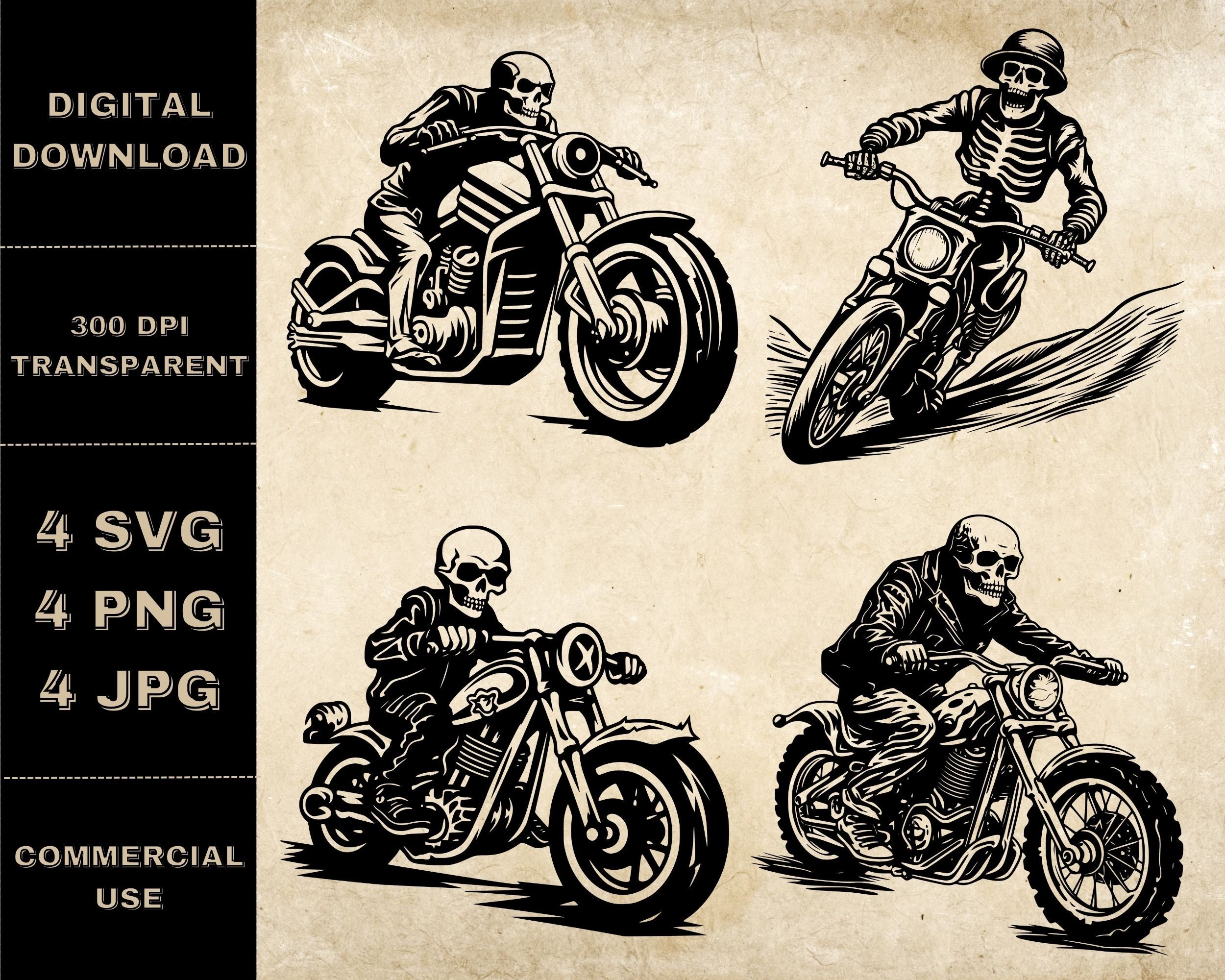 Skeleton Motorcycle SVG Bundle, PNG, Skeleton Biker Clipart, Hand Drawn ...