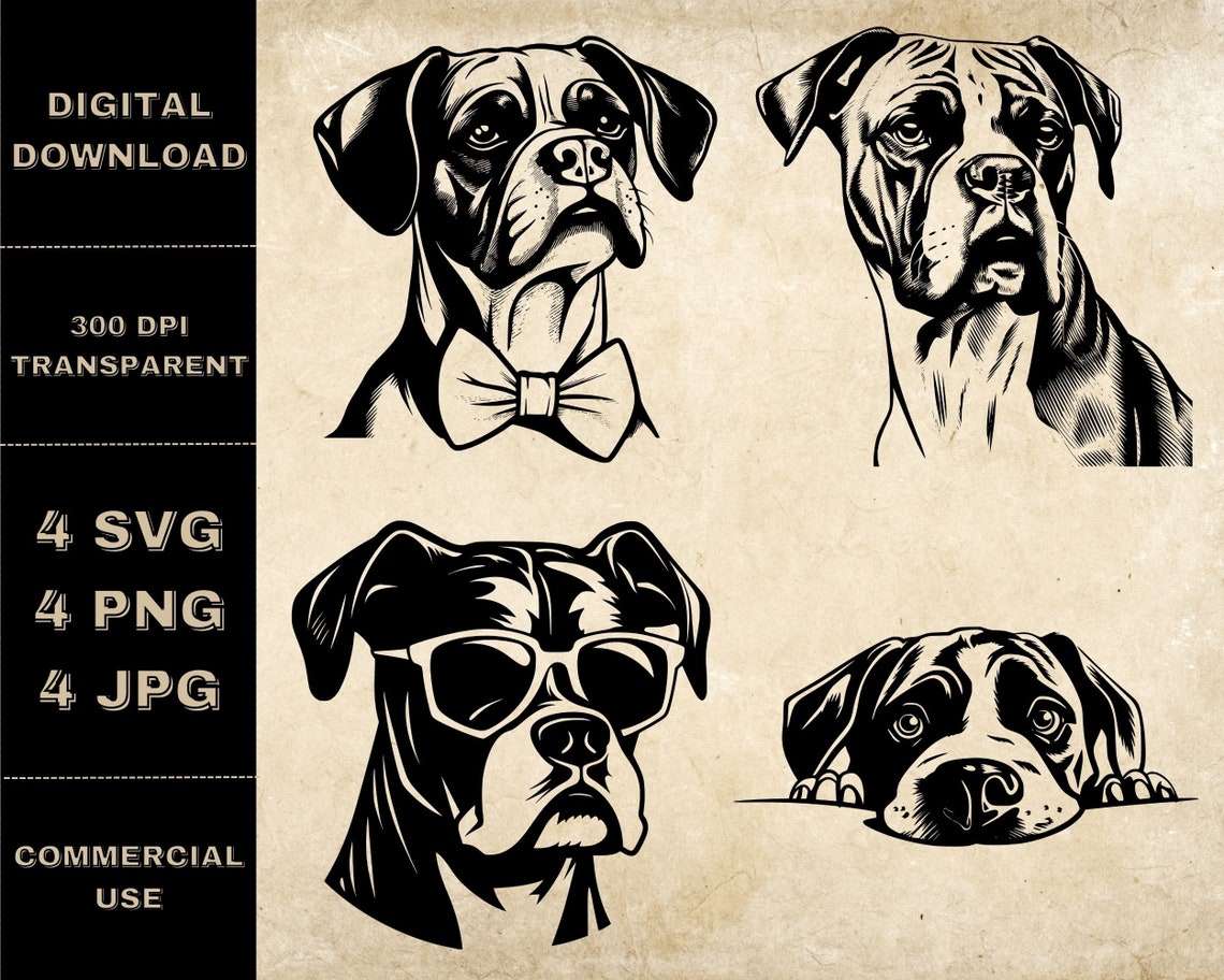 Boxer SVG Bundle PNG Cute Dogs Clipart Hand Drawn Peeking - Etsy