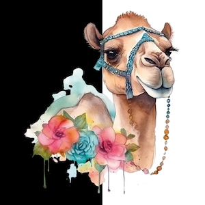Cute Camel Clipart, Watercolor Camels PNG Files, Flowers and Animal ...
