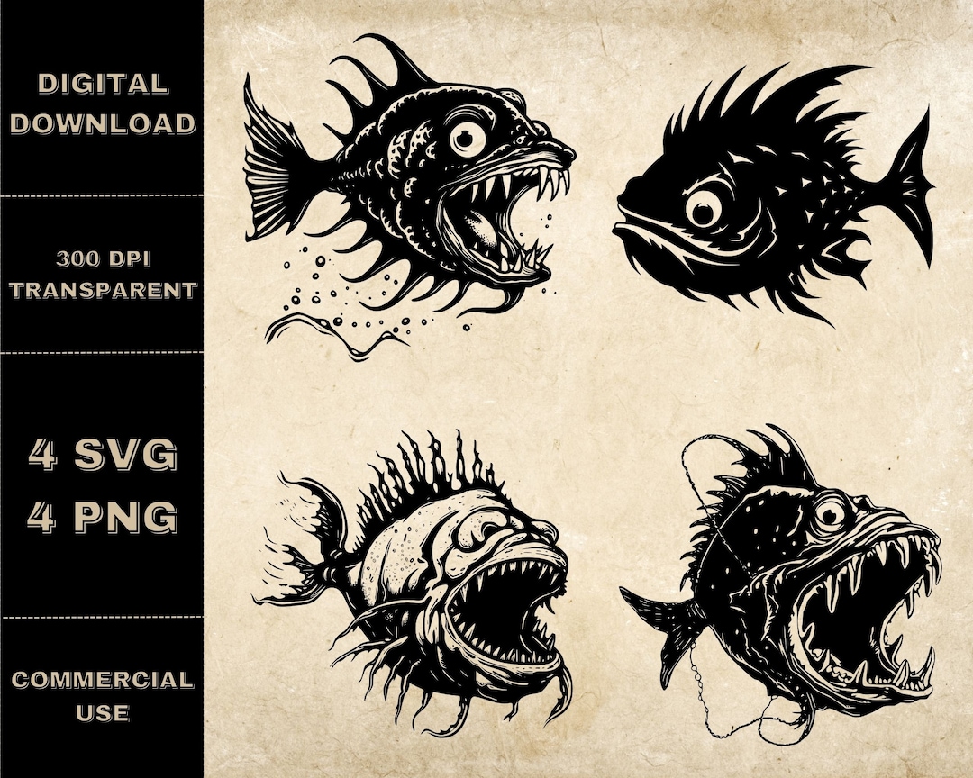 Anglerfish SVG Bundle, PNG, Angler Fish Clipart, Hand Drawn Fishes ...